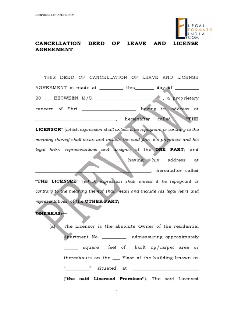 Cancellation Deed of Leave and License Agreement Sample | PDF | License ...