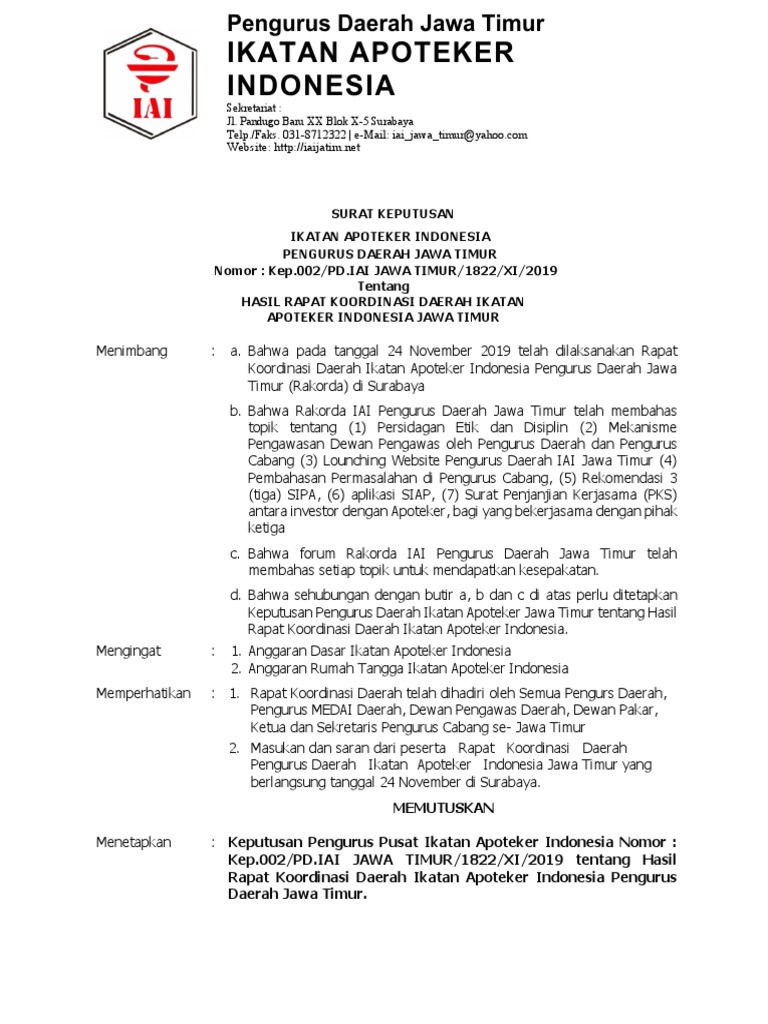 SK PD IAI Jawa Timur Rakorda 2019 | PDF | Bisnis