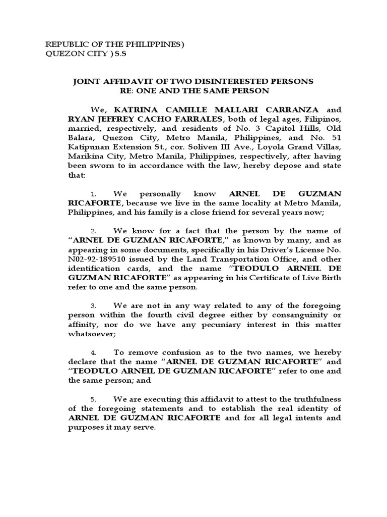 Joint Affidavit Establishing the Real Identity of Arnel De Guzman Ricaforte | PDF | Affidavit ...
