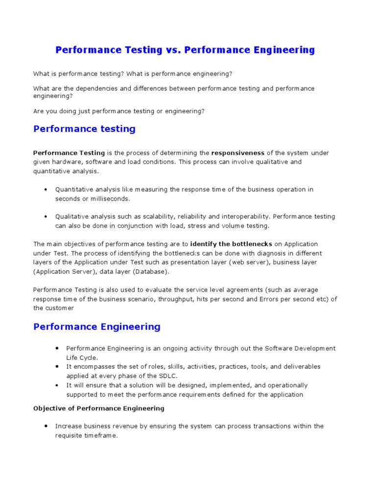 Performance Testing Vs Performance Engineering | PDF | Unit Testing ...
