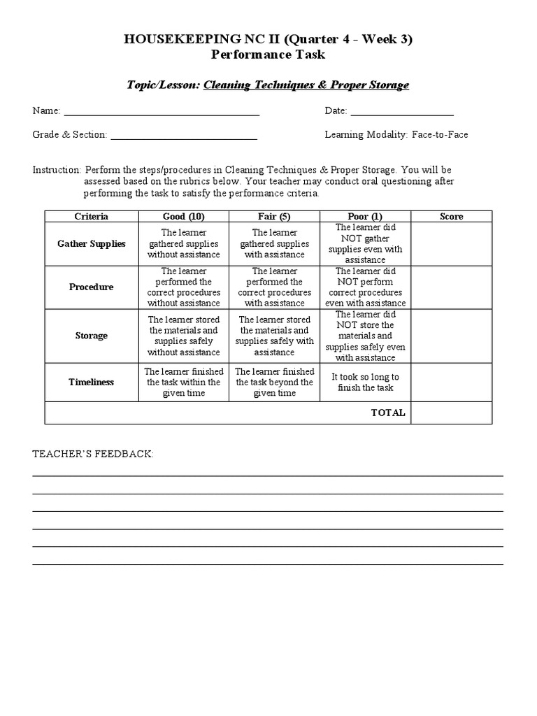 HOUSEKEEPING NC II - Performance Task (Cleaning Techniques & Proper ...