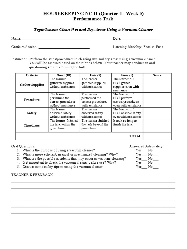 HOUSEKEEPING NC II - Performance Task (Vacuum Cleaning) | PDF | Rubric ...
