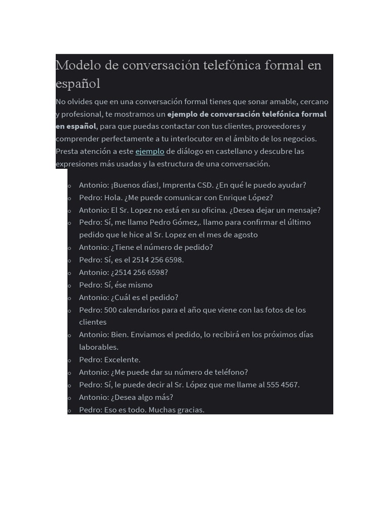 Modelo de Conversación Telefónica Formal en Español | PDF