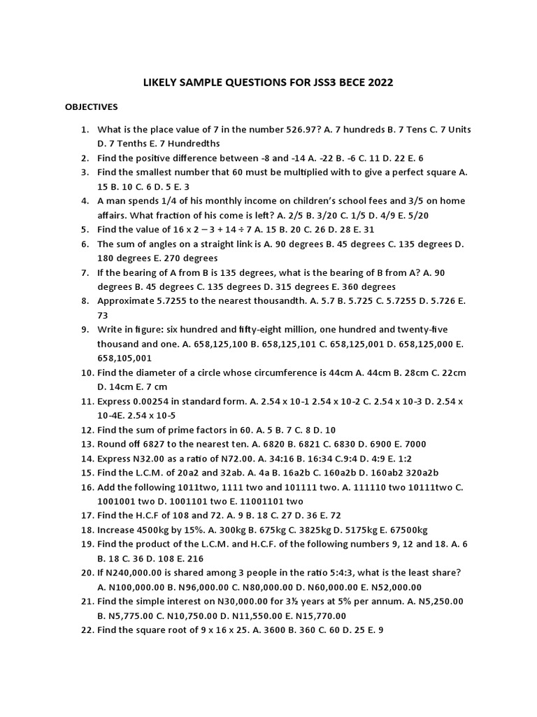 Likely Sample Questions For JSS3 Bece 2022 | PDF | Area | Circle