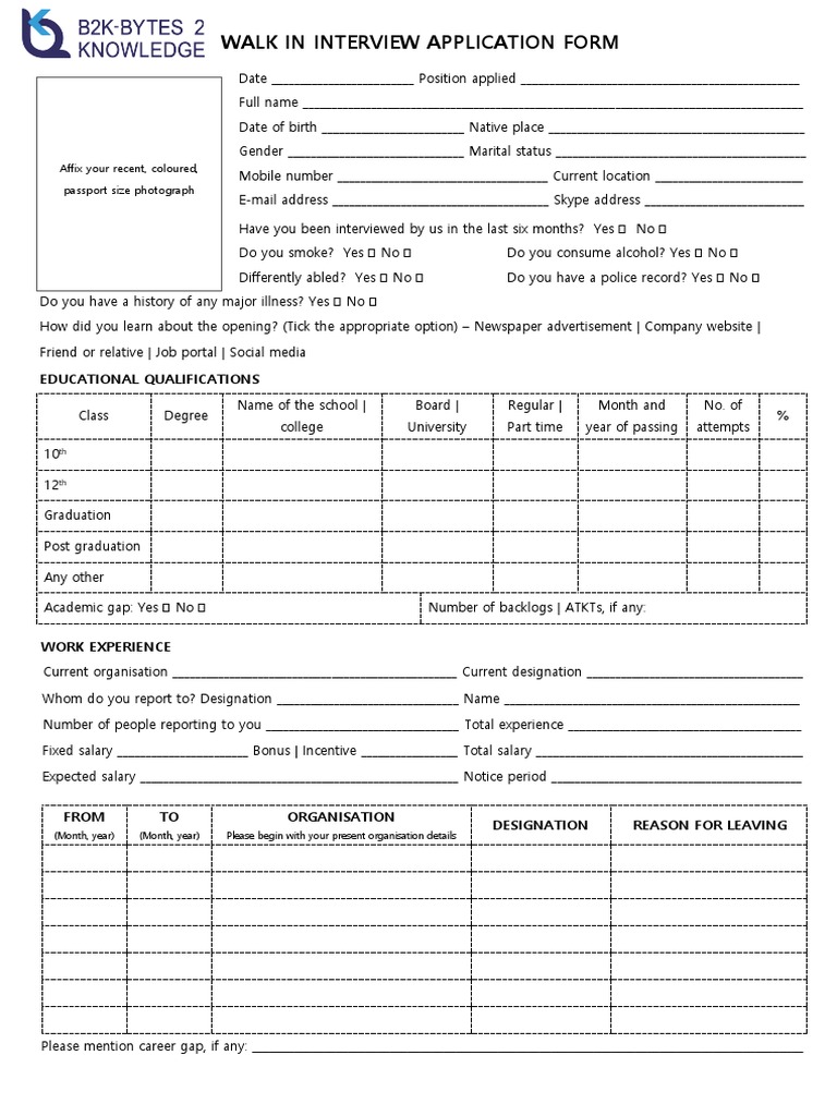 Walk in Interview Application Form: Affix Your Recent, Coloured ...