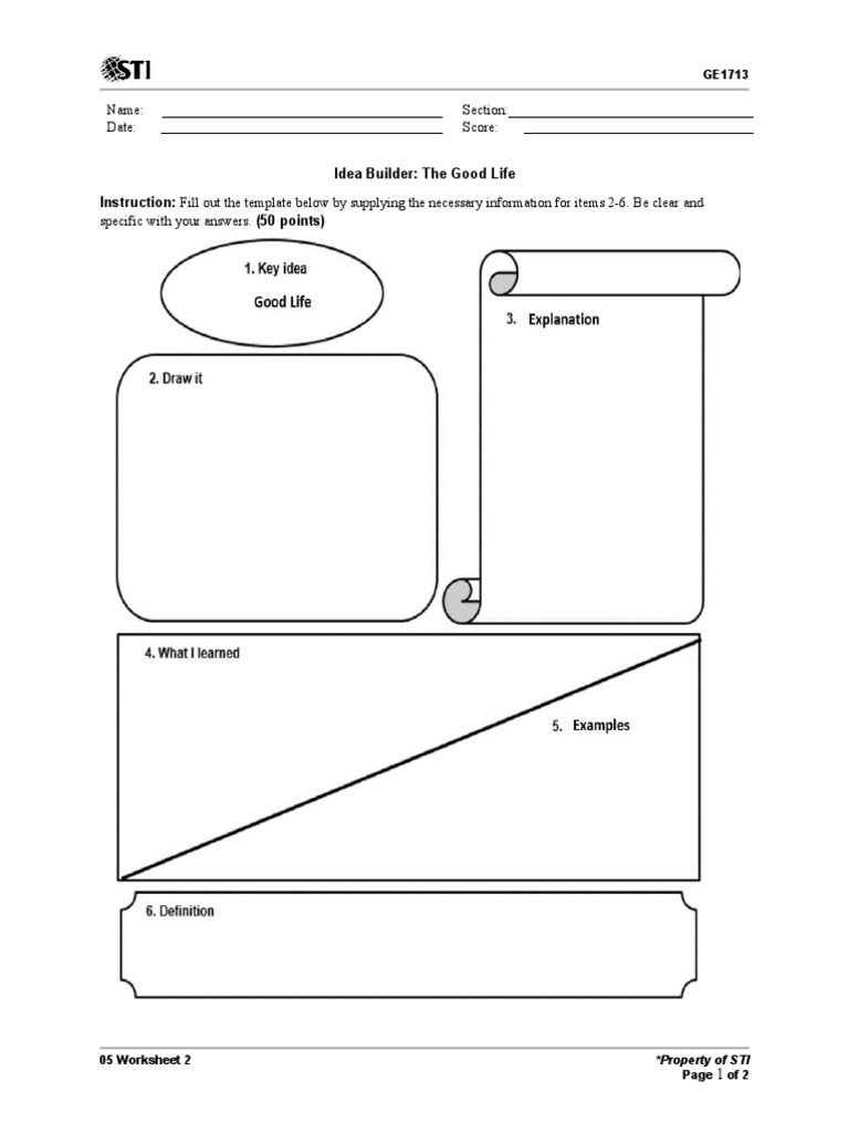 Idea Builder: The Good Life Instruction: Fill Out The Template Below by ...