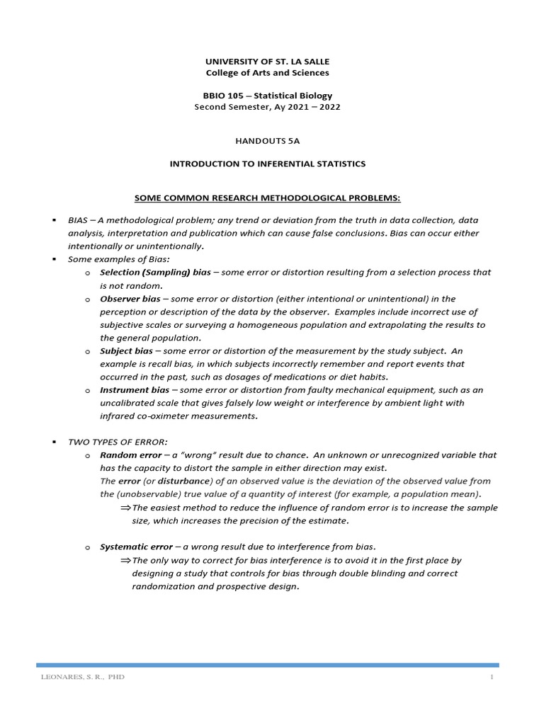 BBIO105 Statistics Handouts Module 5A (Introduction To Inferential ...