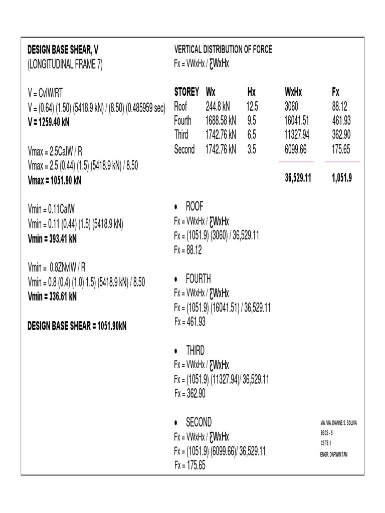 Design Base Shear, Frame 7 | PDF