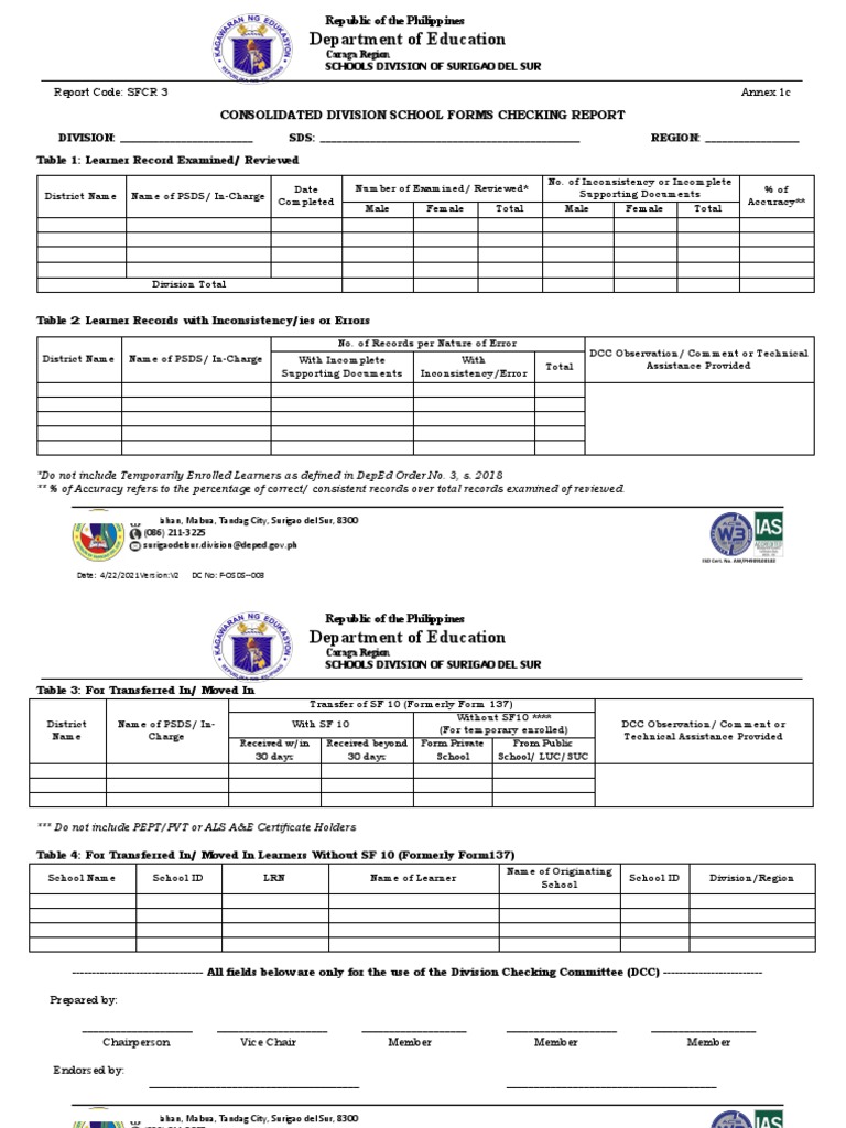 Department of Education: Report Code: SFCR 3 Annex 1c | PDF