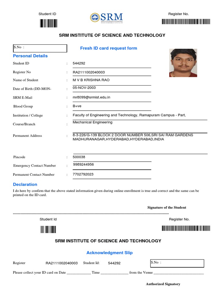 SRM Institute of Science and Technology: Fresh ID Card Request Form ...