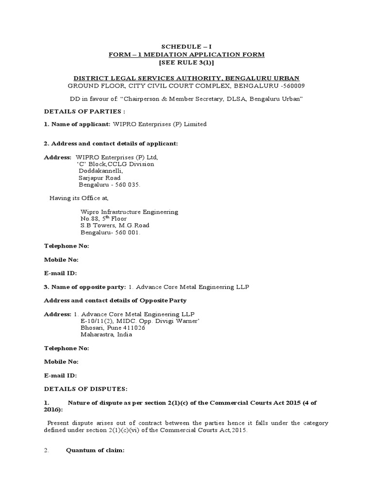 Pre-Mediation Application | PDF | Bangalore | Justice