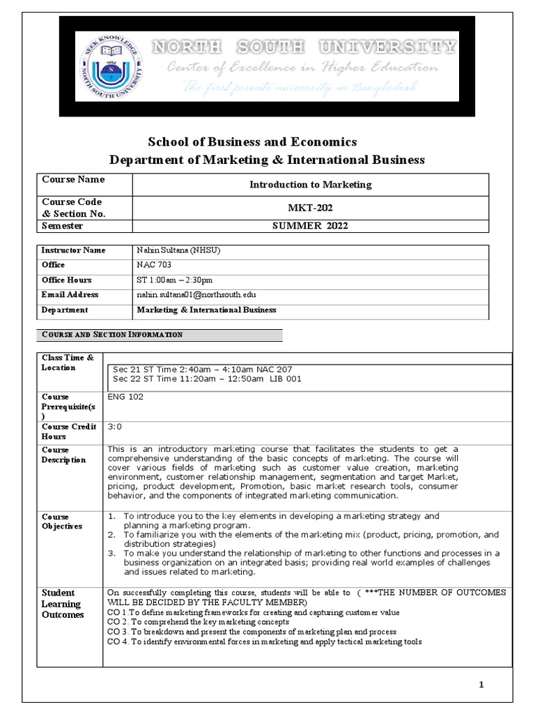 MKT 202 Course Outline Summer 2022 | PDF | Marketing | Test (Assessment)