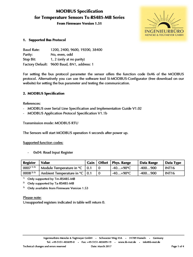 MODBUS Specification for Temperature Sensors Tx-RS485-MB Series | PDF ...