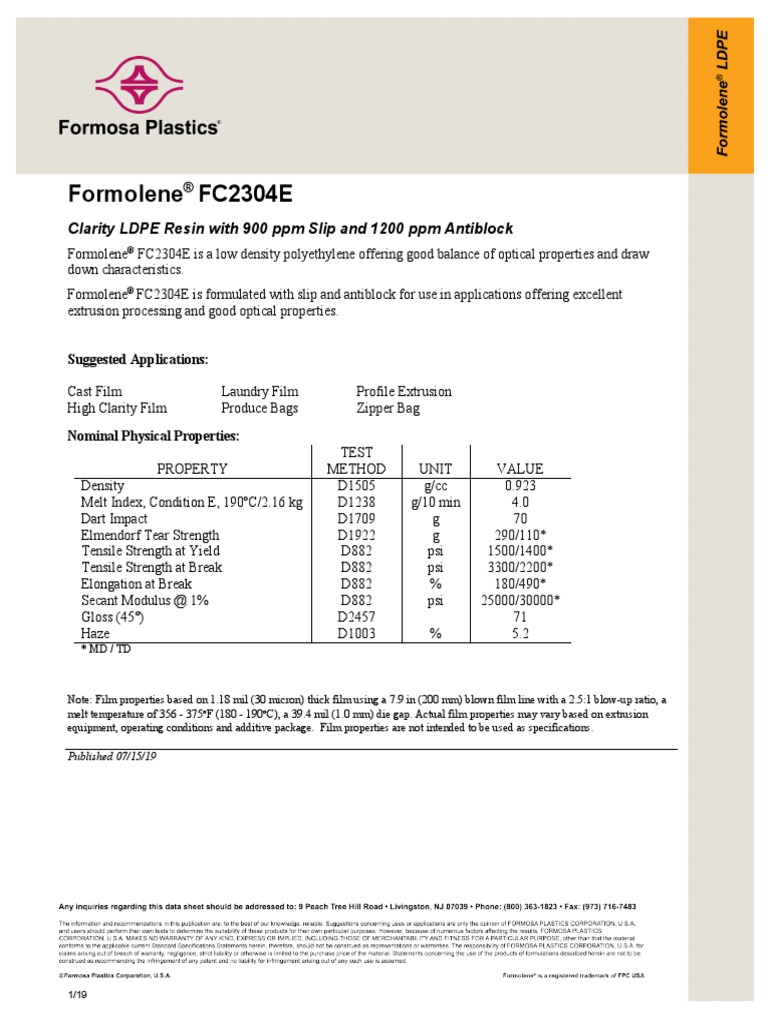 Formolene FC2304E: Clarity LDPE Resin With 900 PPM Slip and 1200 PPM Antiblock | PDF