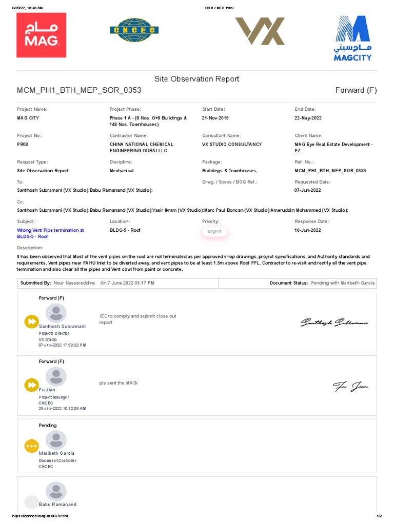 Site Observation Report MCM - PH1 - BTH - MEP - SOR - 0353 Forward (F ...
