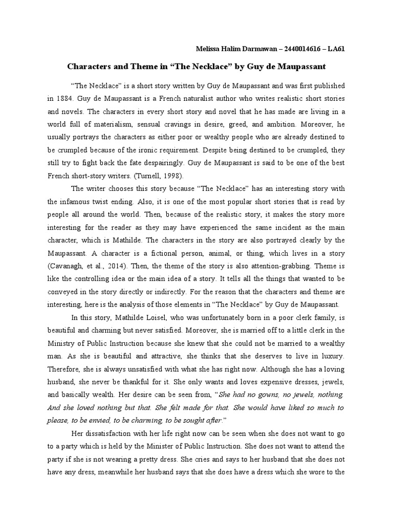 Characters and Theme in "The Necklace" by Guy de Maupassant | PDF