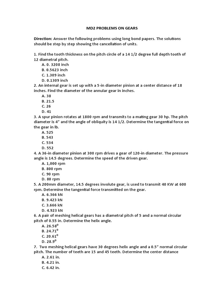 Md2 Problems On Gears Direction: Answer The Following Problems Using ...