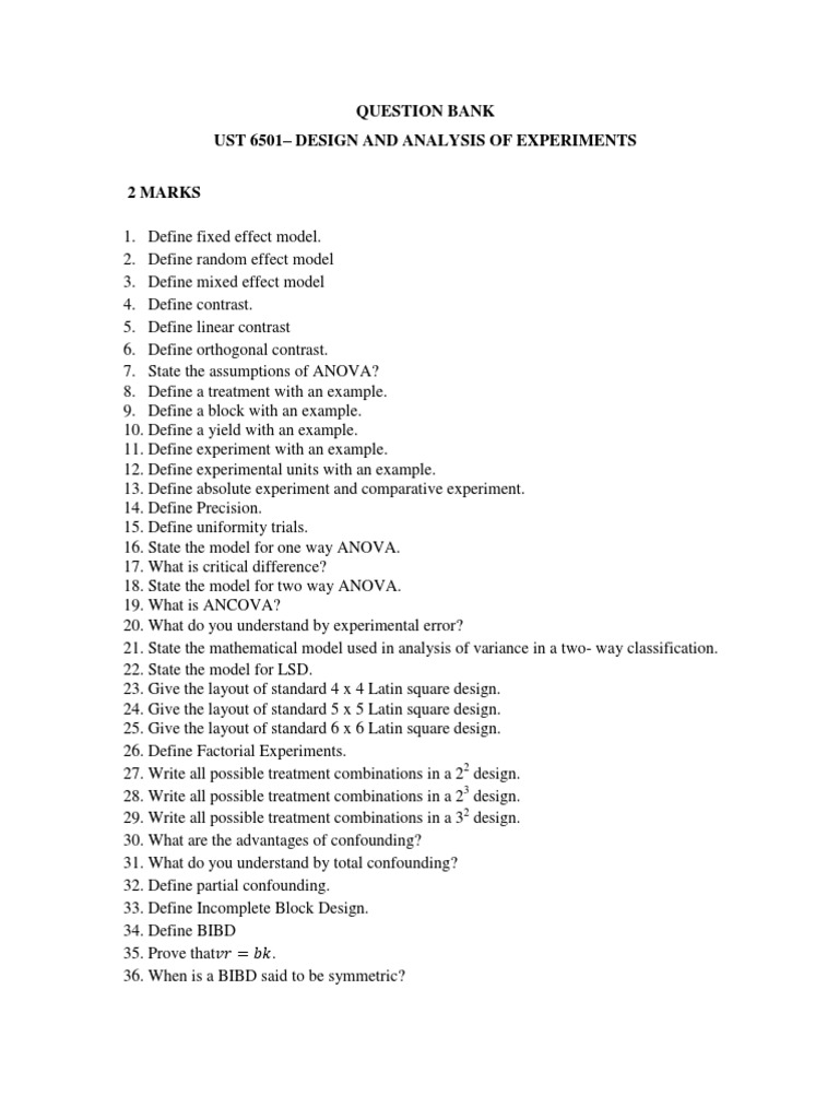 Question Bank Ust 6501 - Design and Analysis of Experiments | PDF ...