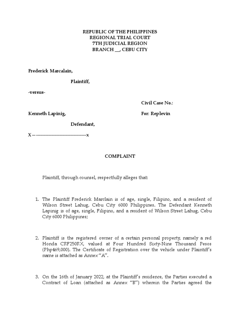 Complaint For Replevin | PDF | Lawsuit | Complaint