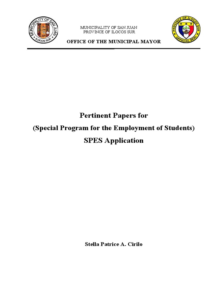Pertinent Papers For SPES Application: (Special Program For The ...