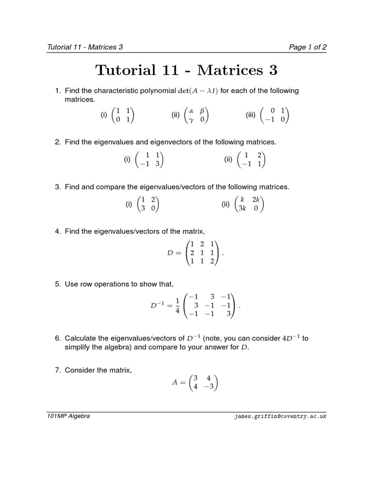 Tutorial 11 - Matrices 3 | PDF | Eigenvalues And Eigenvectors | Matrix ...