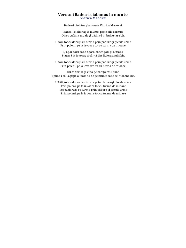 Badea-I Ciobanas La Munte - Versuri Viorica Macovei | PDF