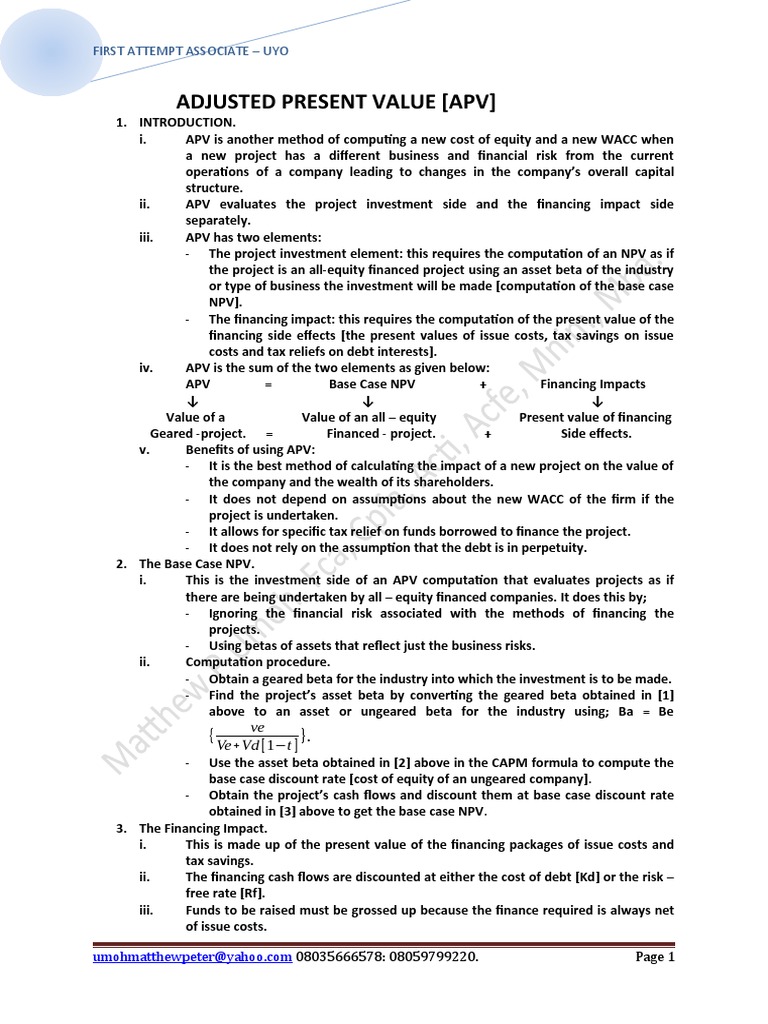 Adjusted Present Value | PDF | Debt | Equity (Finance)