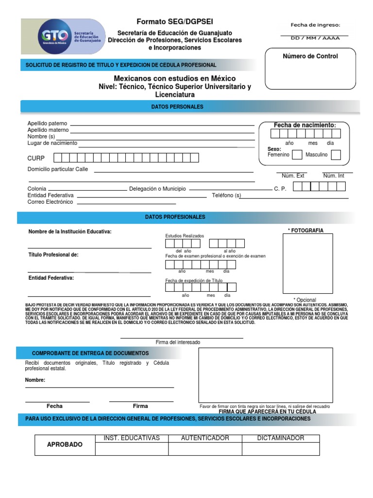 SOLICITUD CEDULA LICENCIATURA - TECPROF - TSU - 10enero19 | PDF | México