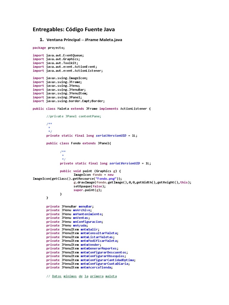 Entregables: Código Fuente Java: Ventana Principal - Jframe Maleta ...