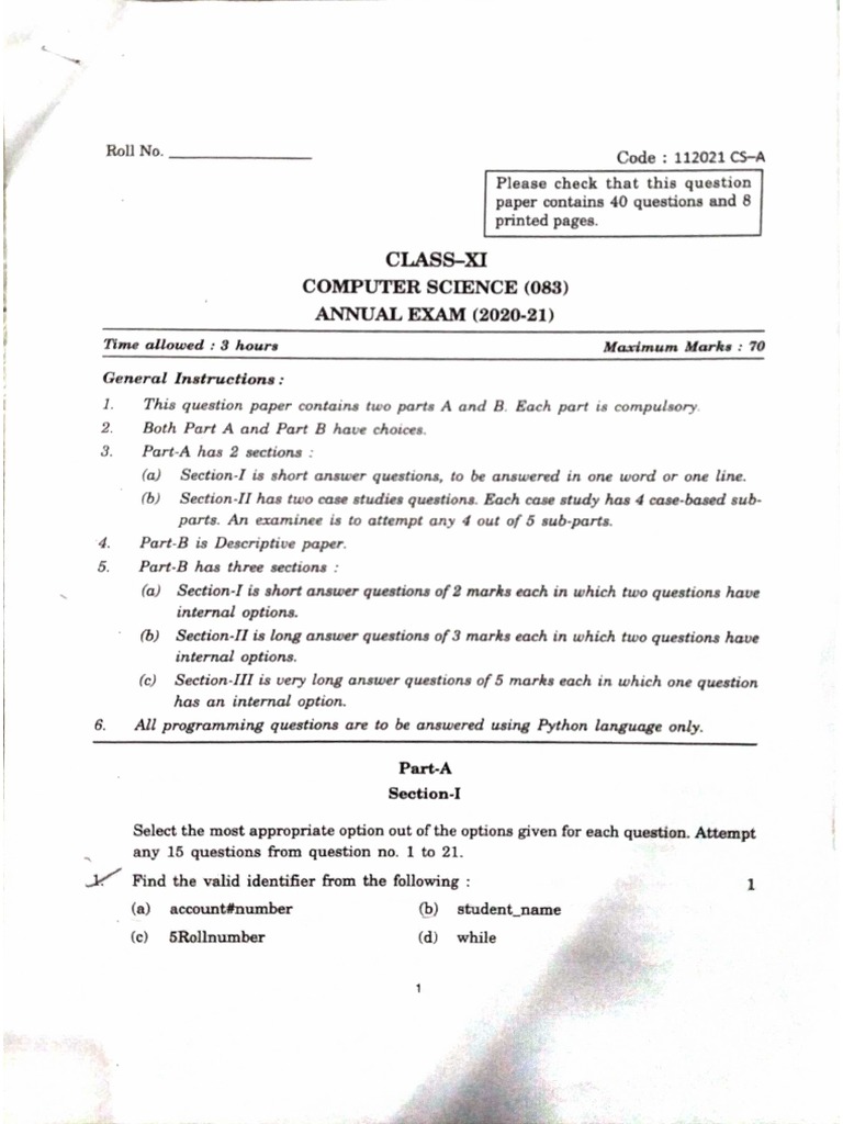 Computer Science Class XI Question Paper | PDF