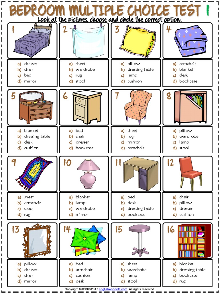Bedroom Vocabulary Esl Multiple Choice Tests For Kids | PDF | Chair ...