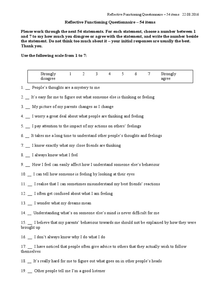 Reflective Functioning Questionnaire - 54 Items 22.08.2016 | PDF ...