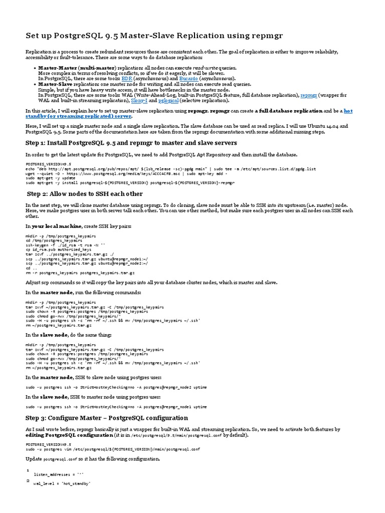 Set Up PostgreSQL 9.5 Master-Slave Replication Using Repmgr Edward Samuel's Blog | PDF | Postgre ...