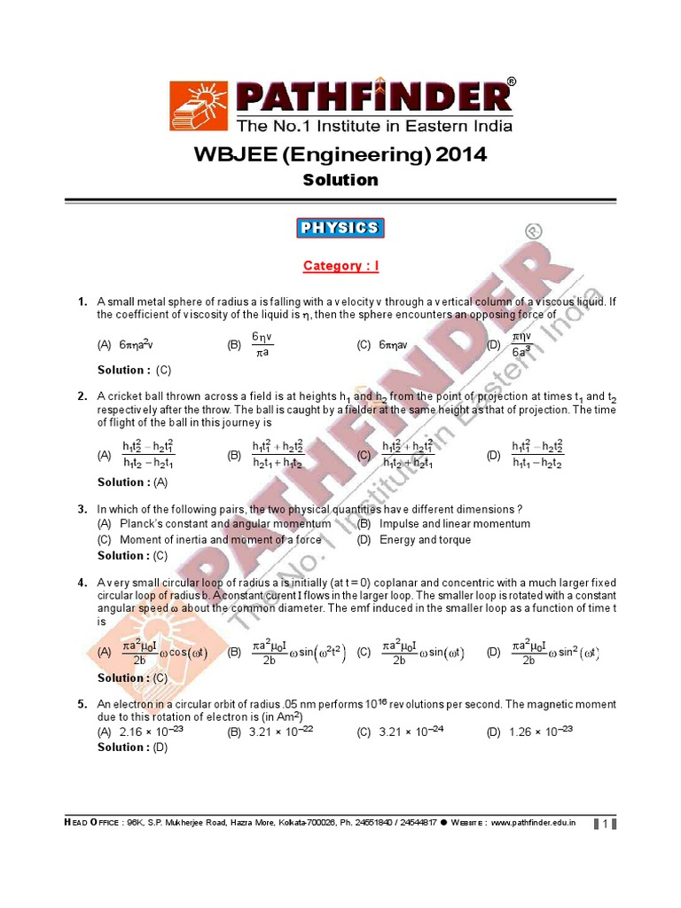 Pathfinder WBJEE 2014 Physics Solution | PDF | Photoelectric Effect ...