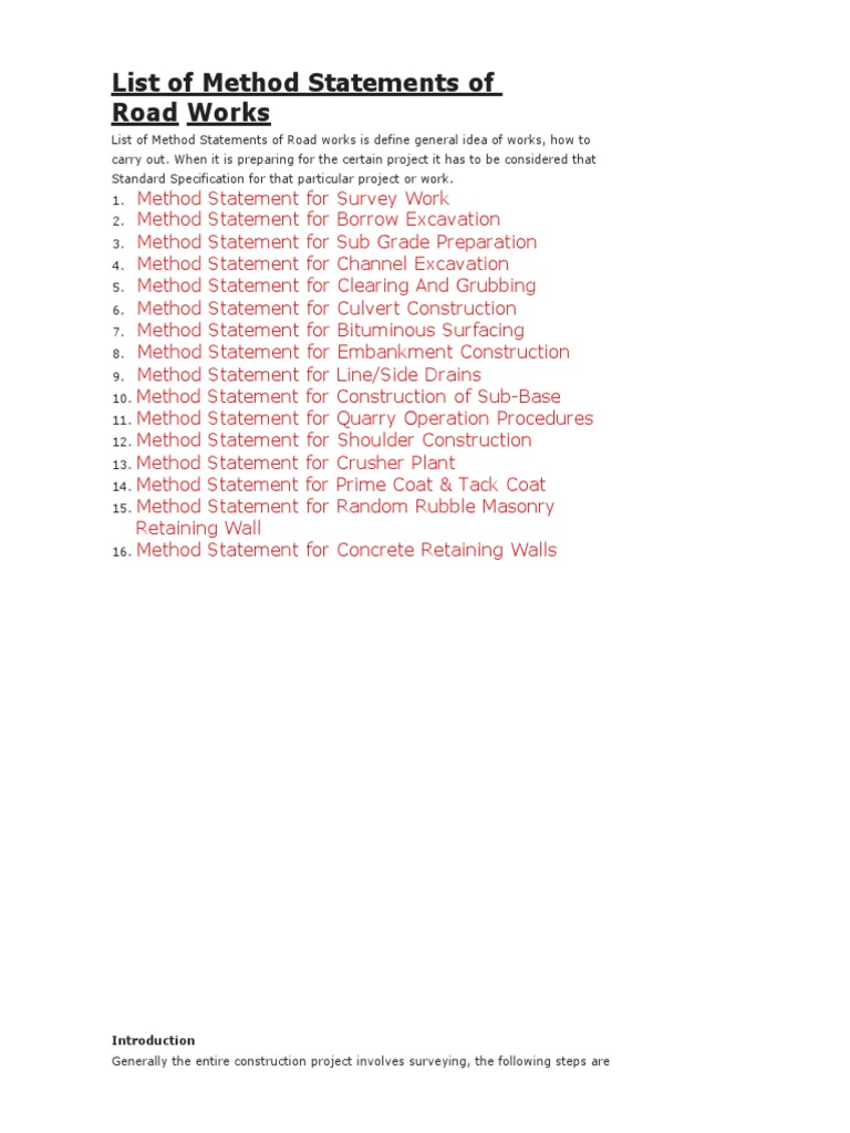 Road Construction Method Statements | PDF | Concrete | Road Surface