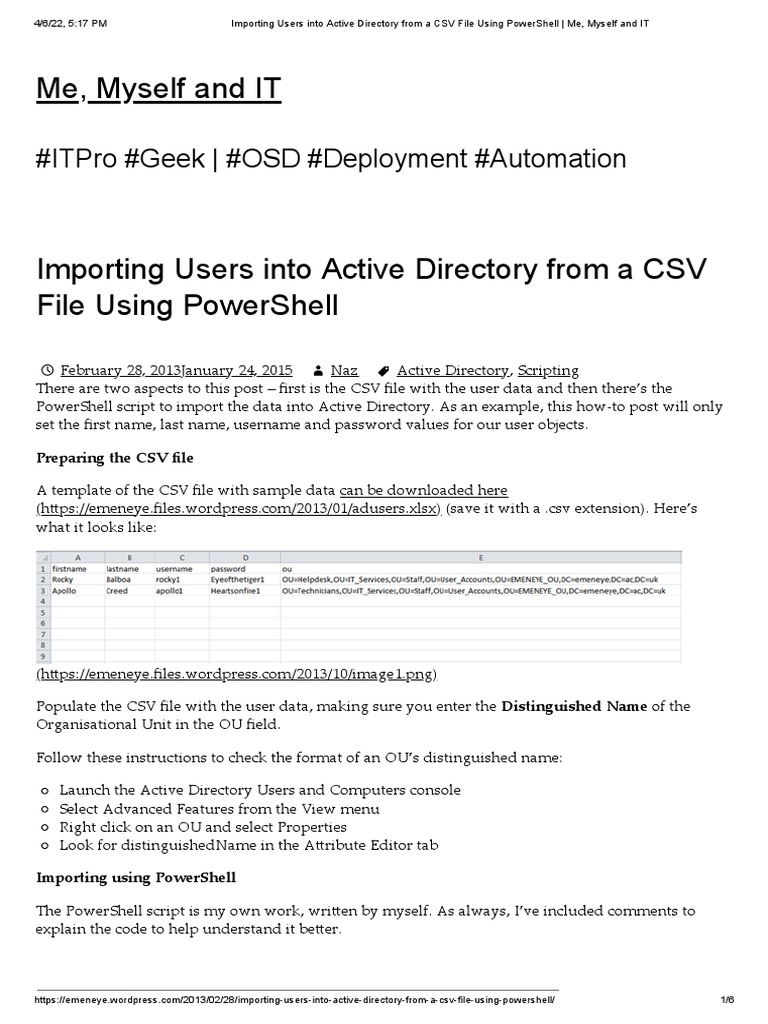 Importing Users Into Active Directory From A Csv File Using Powershell Me Myself And It Pdf
