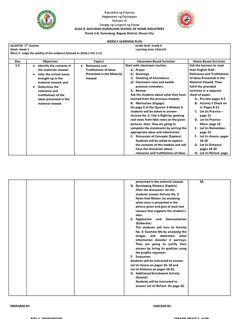 Grade 9 English Weekly Learning Plan | PDF | Cognitive Science ...