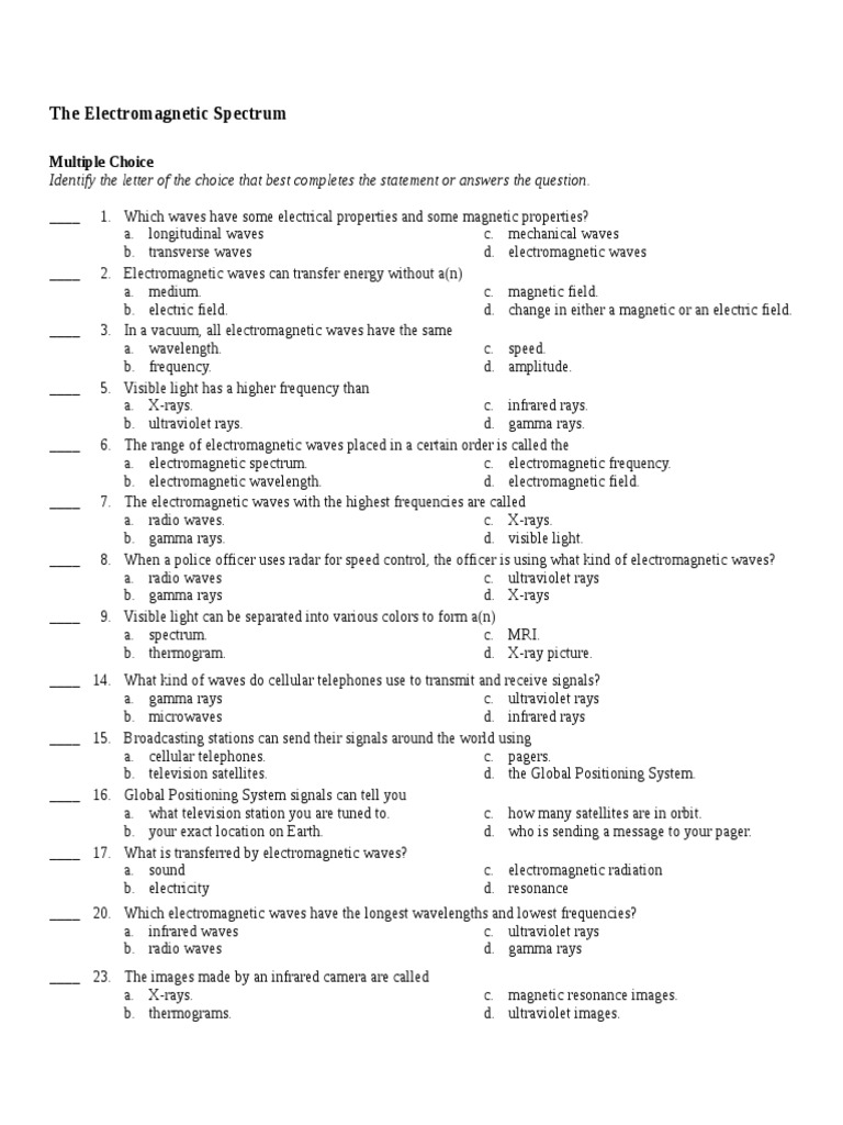 The Electromagnetic Spectrum: Multiple Choice | PDF | Electromagnetic ...