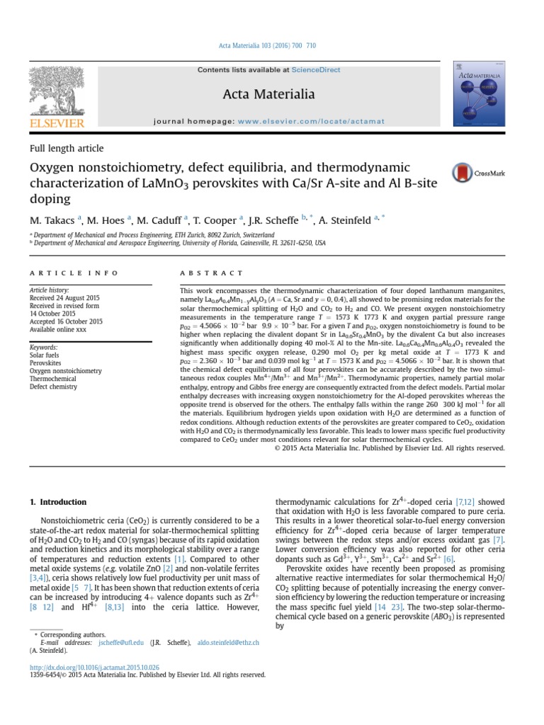 Oxygen Nonstoichiometry Defect Equilibria and Thermodynamic Characterization of Lamno3 ...