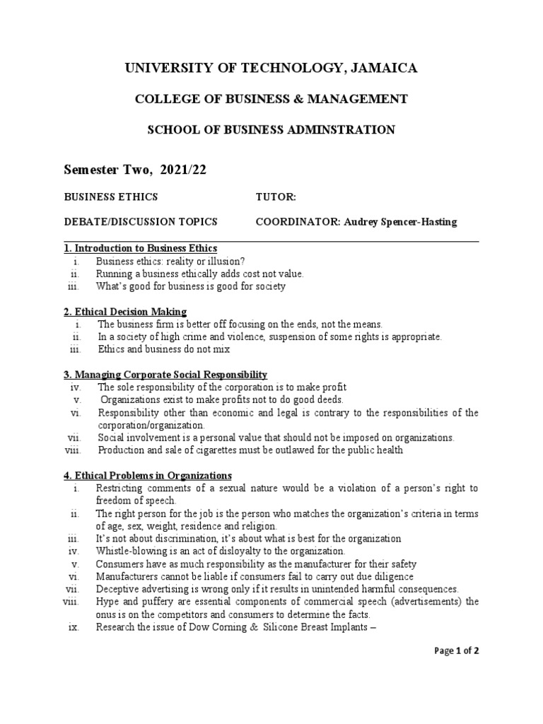 Business Ethics Debate Topics 2021 - 22 Semester 2 | PDF | Business ...