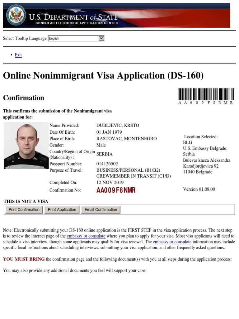 Online Nonimmigrant Visa Application (DS-160) : Confirmation | PDF ...