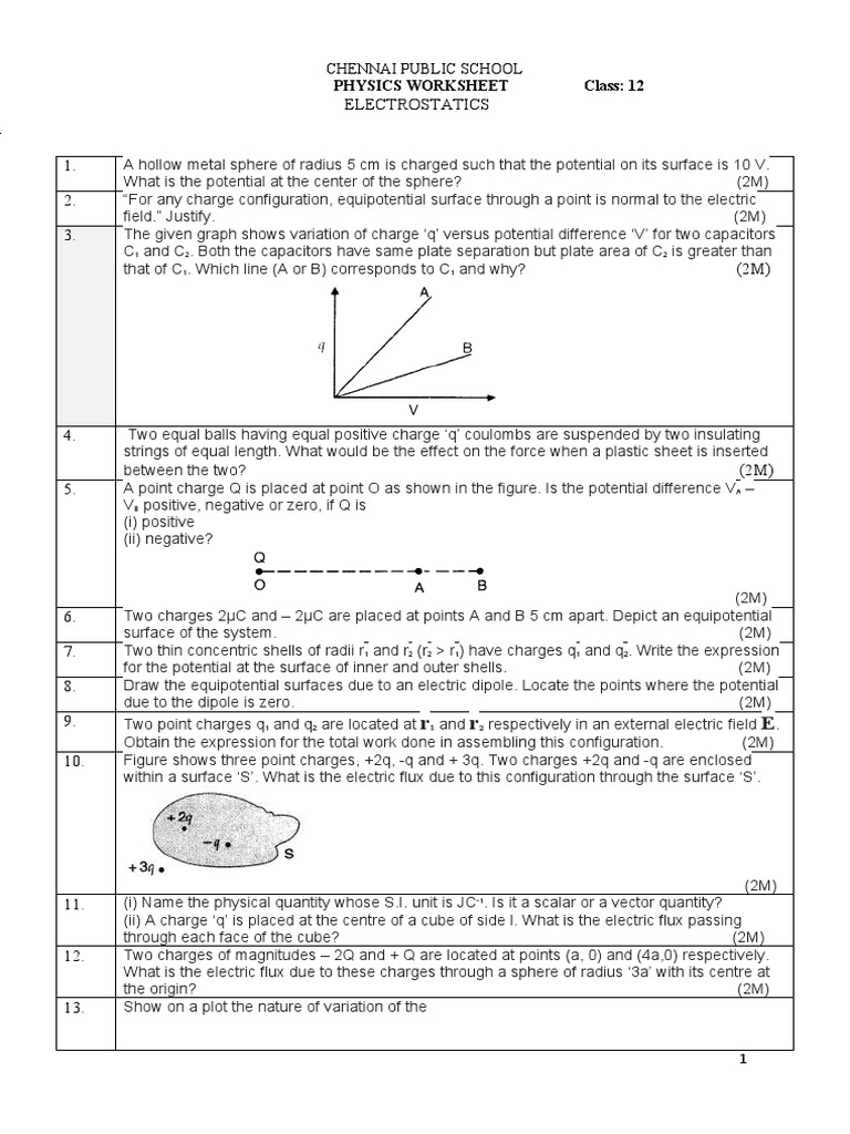 Electrostatics: Physics Worksheet Class: 12 | PDF | Capacitor | Capacitance