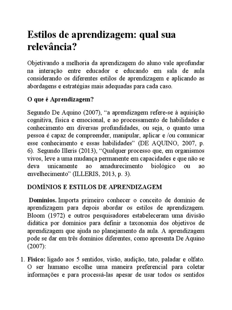 Estilos De Aprendizagem Pdf Aprendizado Estilos De Aprendizagem