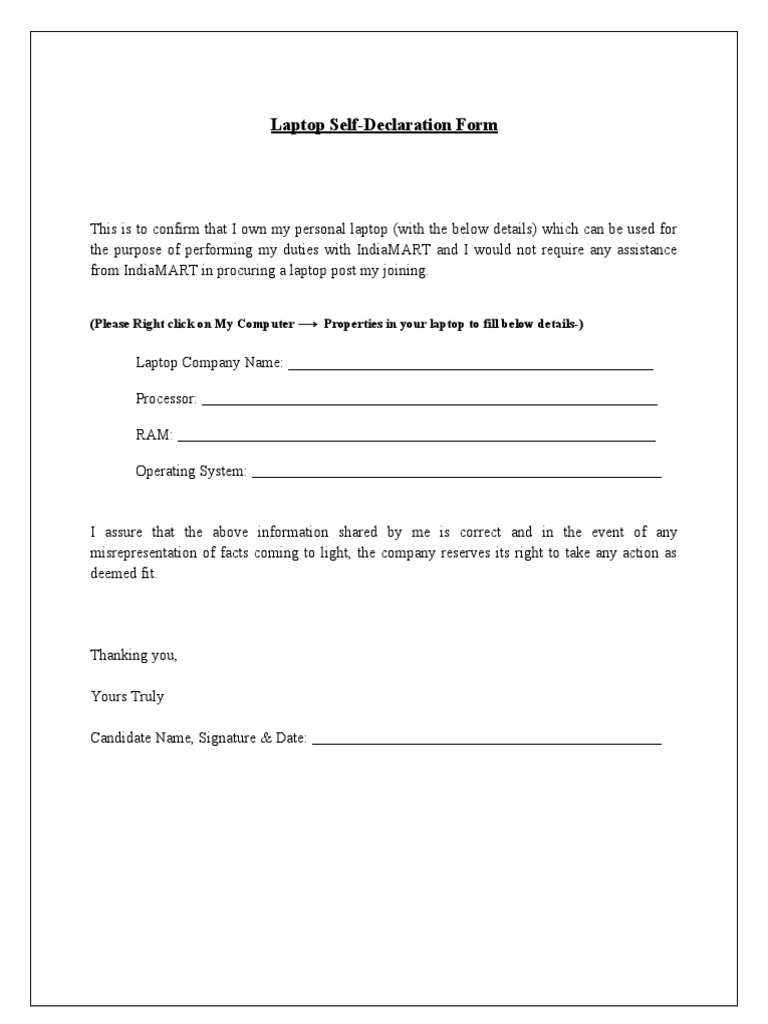 Declaration of Personal Laptop Ownership for Work Purposes | PDF