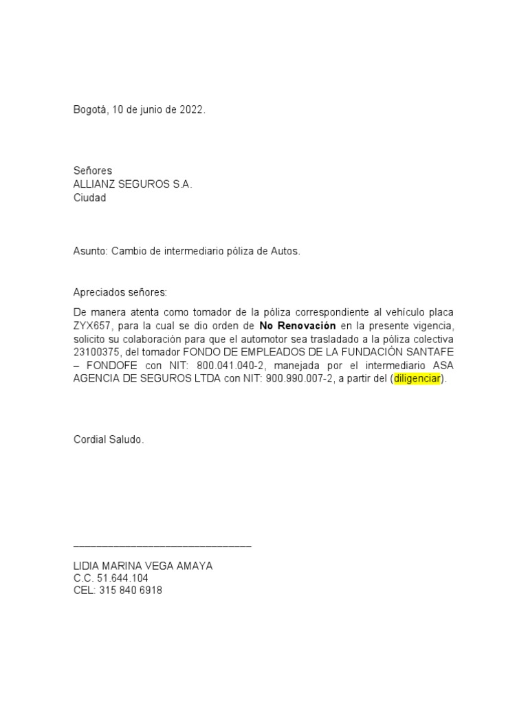 Carta Cambio de Intermediario | PDF