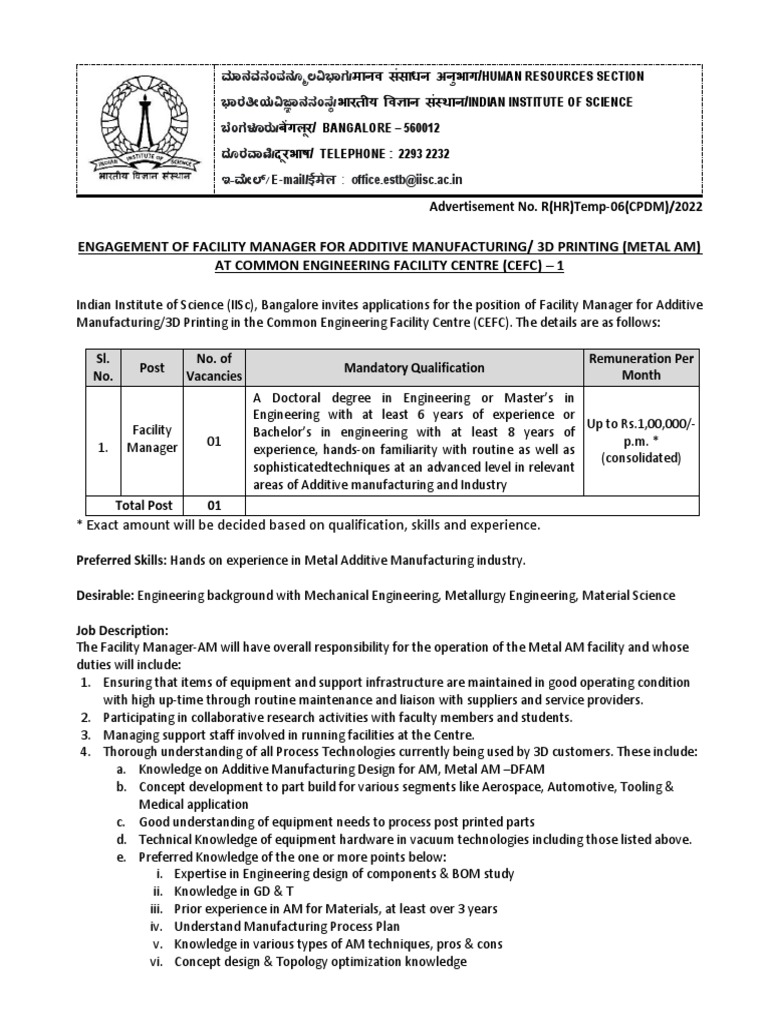 IISc Facility Manager Post Notification | PDF | 3 D Printing | Engineering