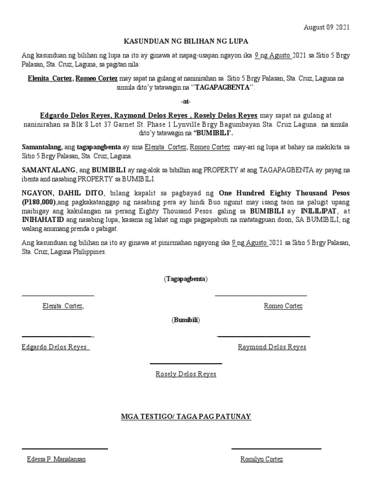 Kasunduan Sa Pagbebenta NG Lupa at Bahay Sa Lynville | PDF
