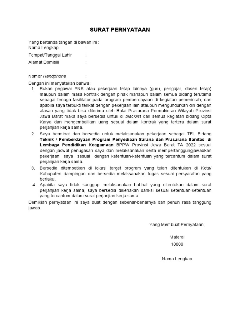 Contoh Surat Pernyataan TFL LPK 2022 | PDF
