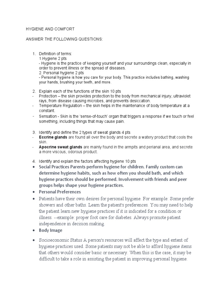 HYGIENE AND COMFORT Assignment or Activity | PDF | Hygiene | Medicine