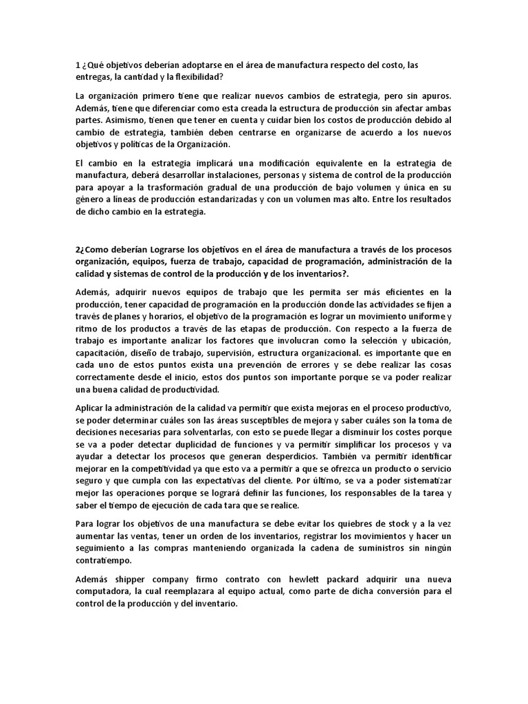 Objetivos manufactura costo entregas cantidad flexibilidad | PDF | Calidad (comercial) | Economias